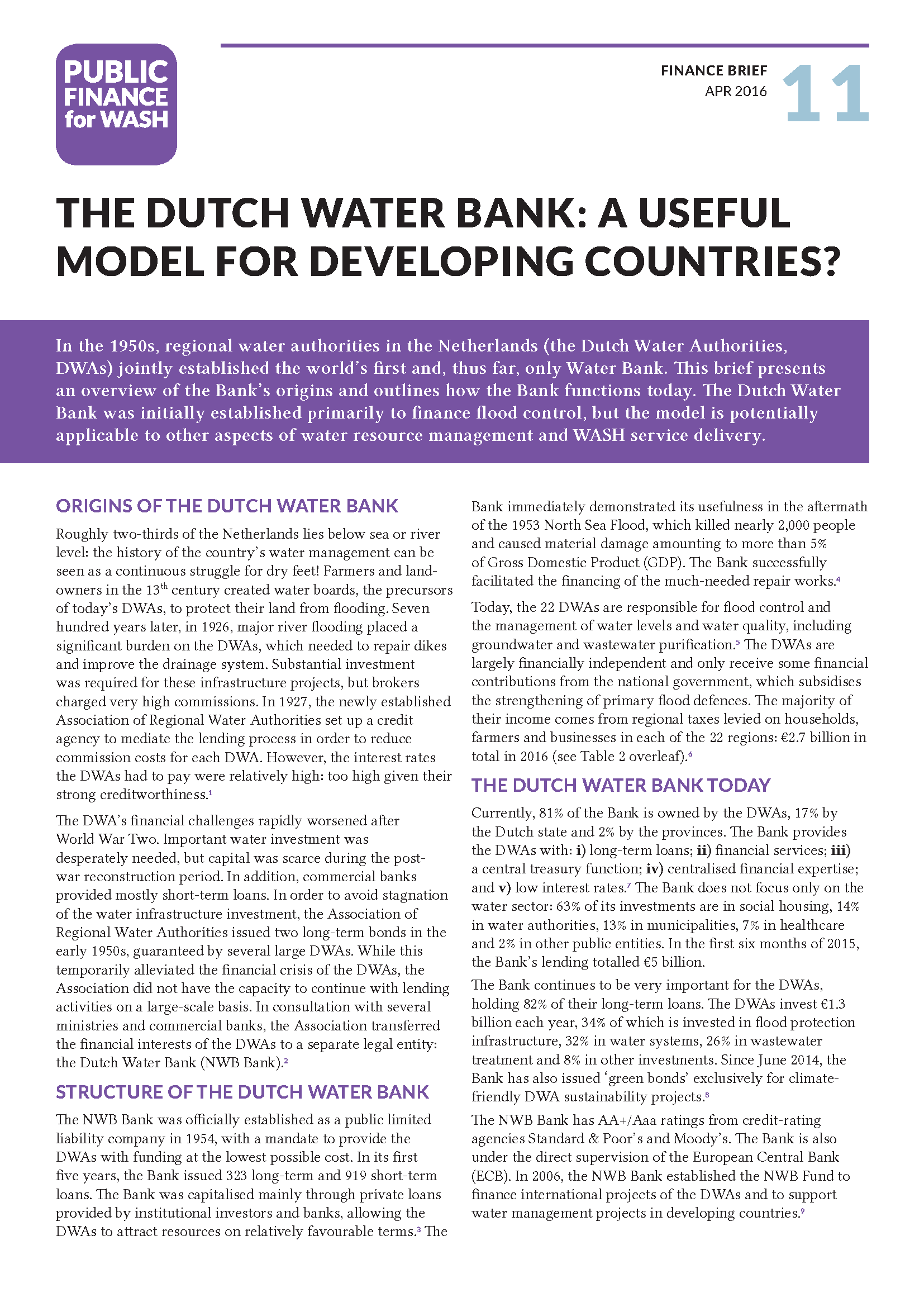 Finance Brief 11: The Dutch Water Bank: A useful model for developing ...